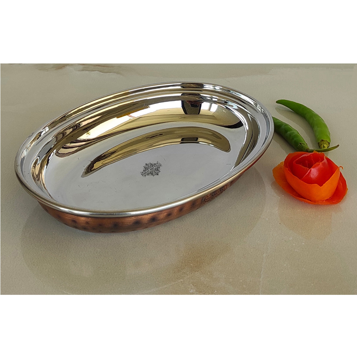Indian Art Villa Pure Steel Copper Hammered Antique Dark Tone Design Oval Platter – IndianArtVilla