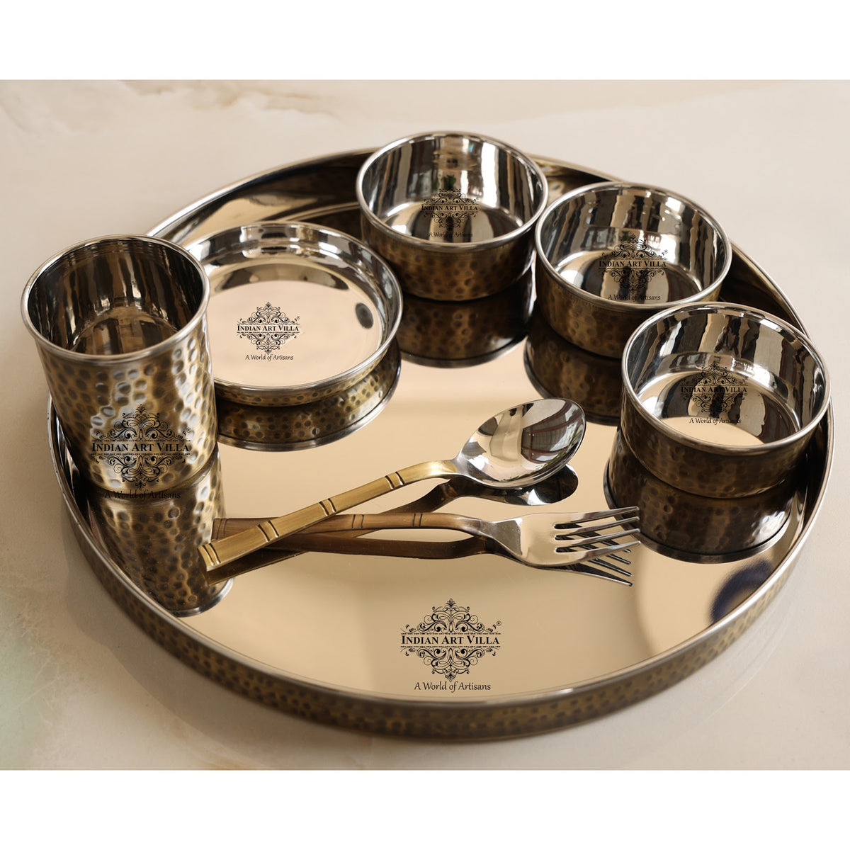 IndianArtVilla Steel Brass Hammered Design Thali Set/ Dinner Set, Anti