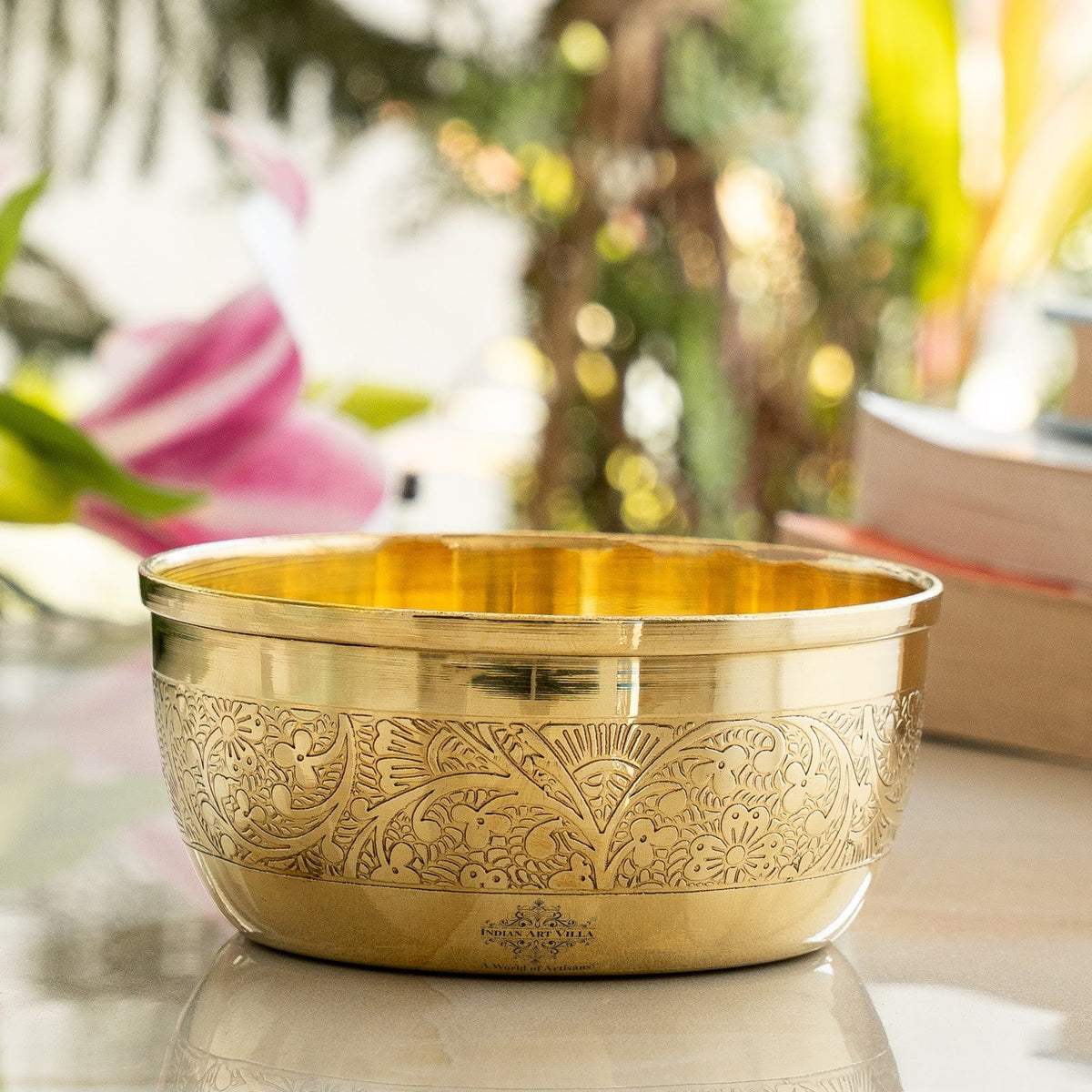 Indian Art Villa Pure Brass Embossed Design Flat Bottom Bowl ...