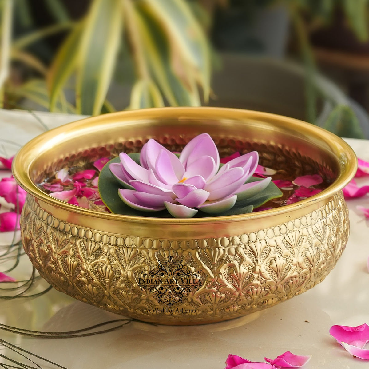 IndianArtVilla Handcrafted Brass Urli, Embossed Ornate Floral Design,