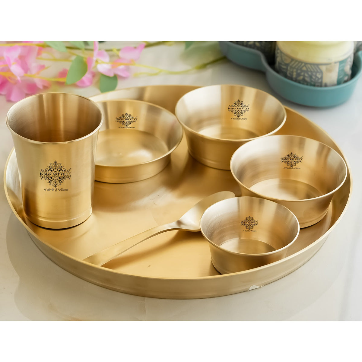Indian Art Villa Pure Brass Matt Finish Design Thali Set | Dinner Set ...