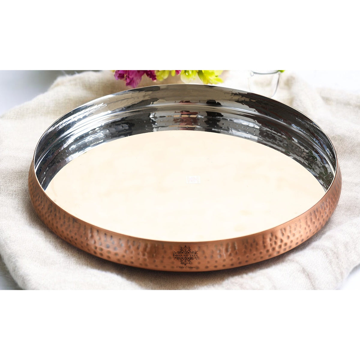 IndianArtVilla, Pure Steel Copper Thali Plate, Antique Finish Hammered