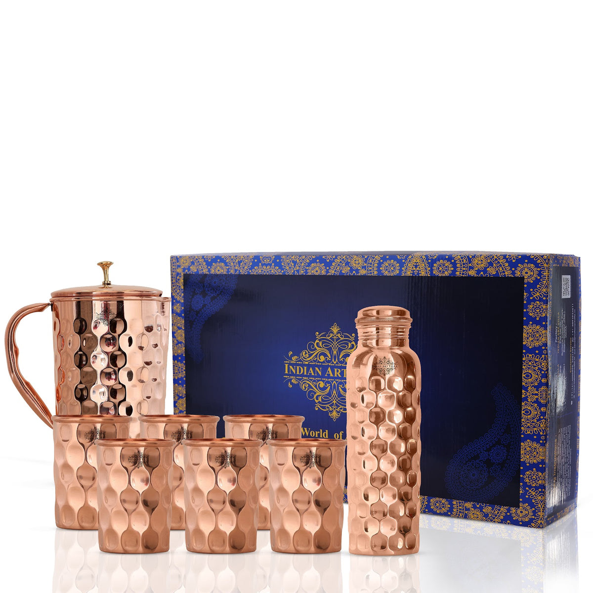 Indian Art Villa Copper Diamond Design Drinkware Gift Set of 6 Glass ...