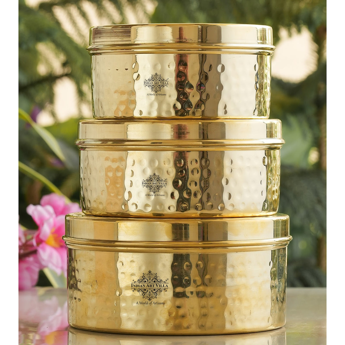 IndianArtVilla Handmade Brass Storage Container Set with Hammered Desi