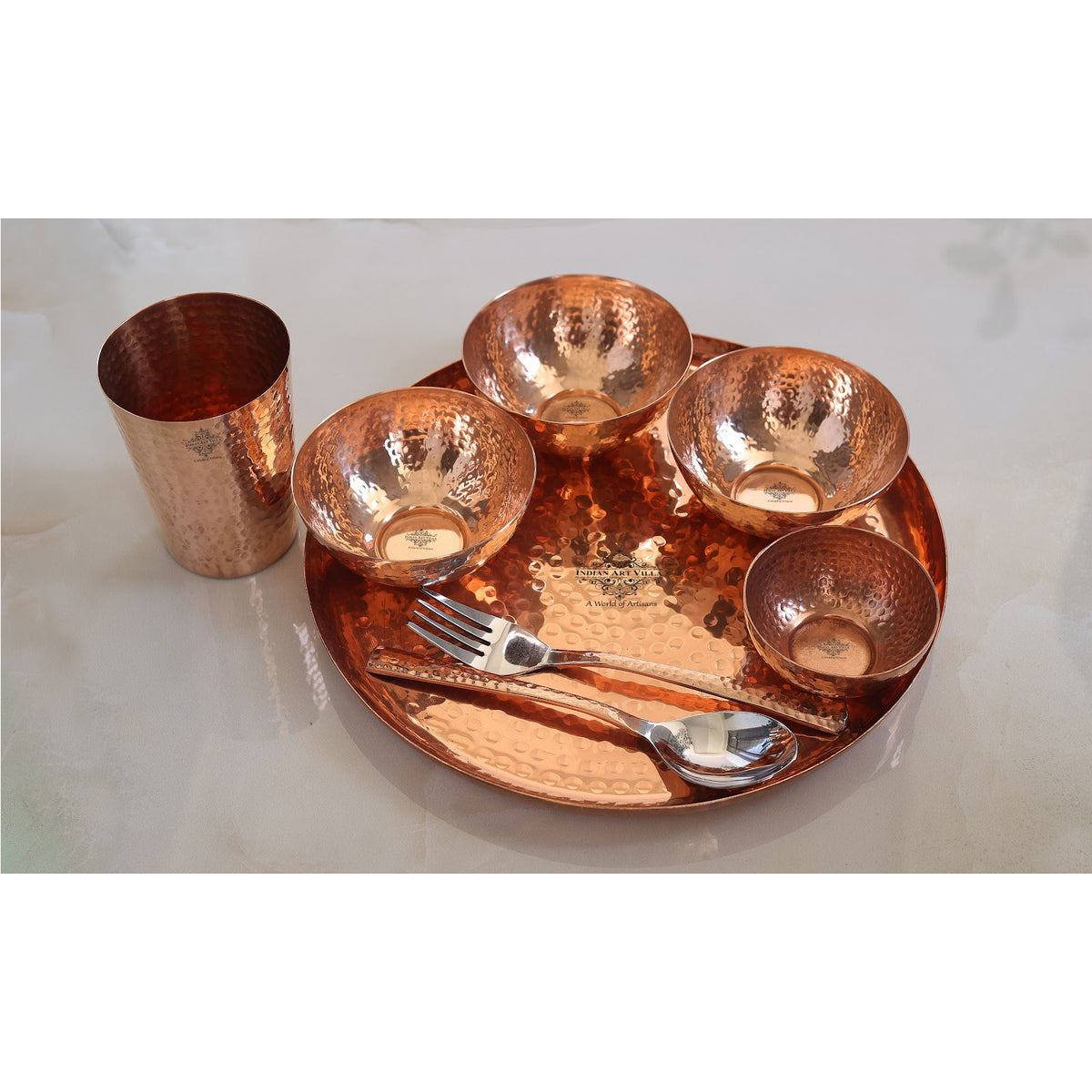 INDIAN ART VILLA Copper Hammered Dinner Set (8 Pieces) – IndianArtVilla
