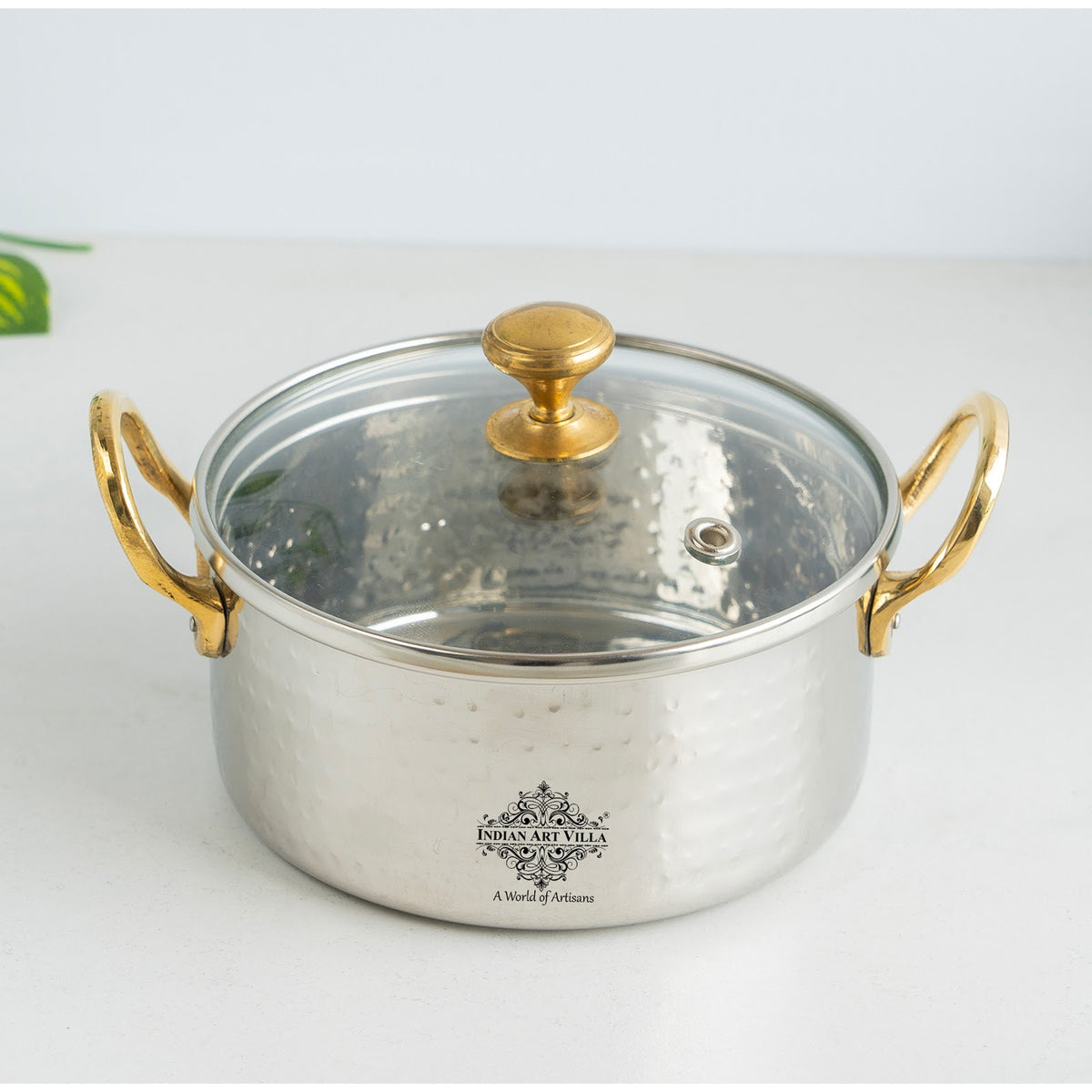 Indian Art Villa Stainless Steel Serving Bowl with Brass Handles and G ...