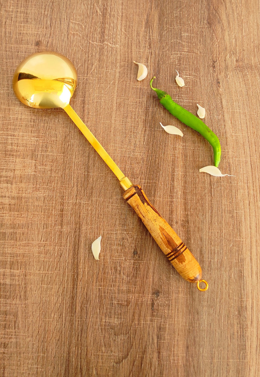 Indian Art Villa Handcrafted Pure Brass Gold Ladle With Wooden Handle ...