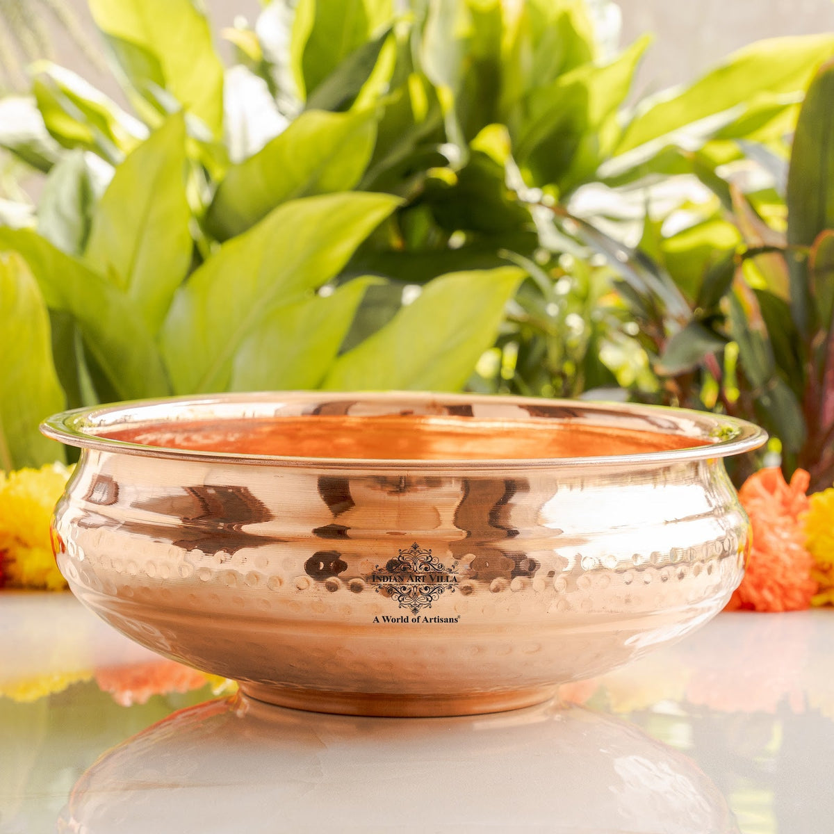 Home Decor Pure Copper Urli with Hammered Design- 25 cm – IndianArtVilla