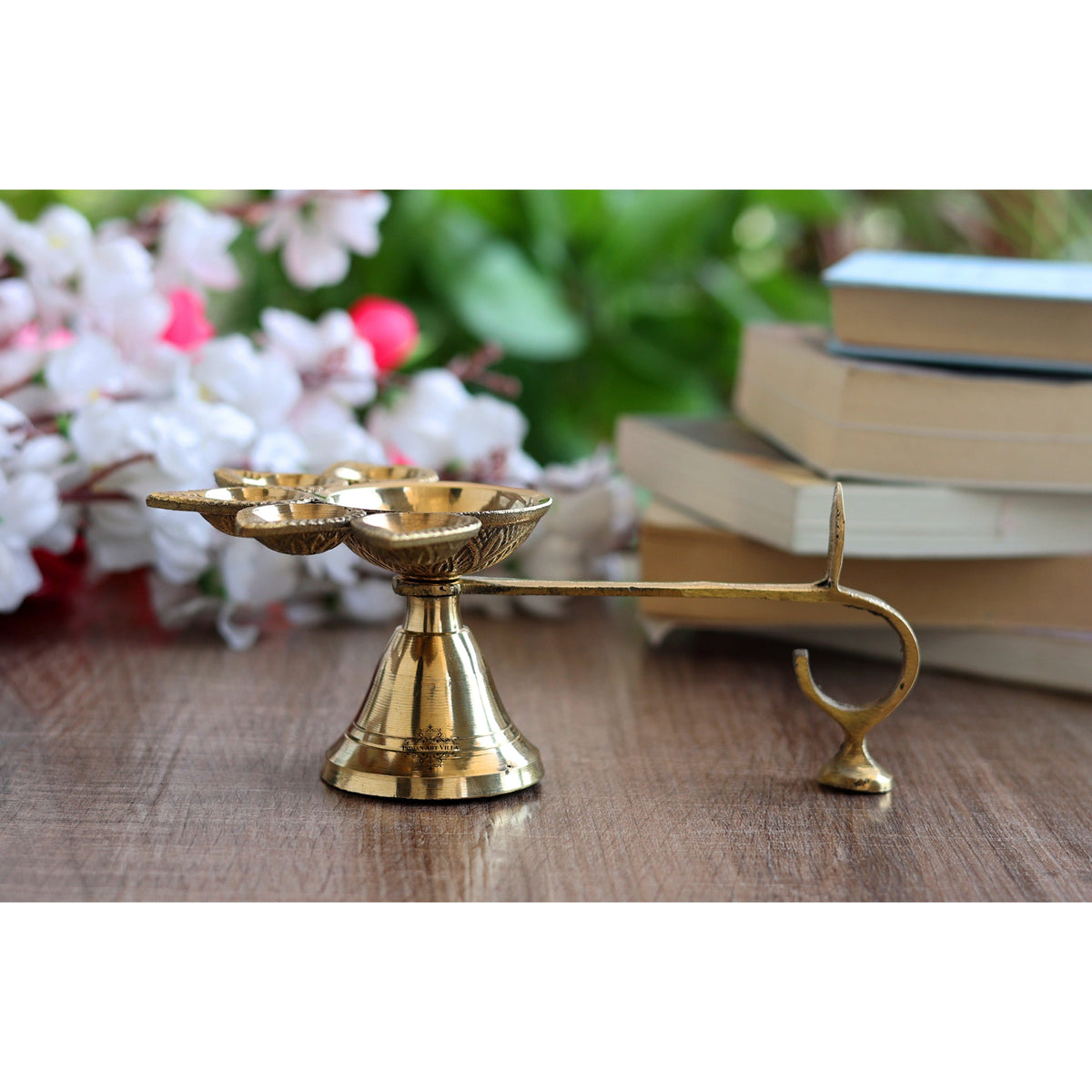 IndianArtVilla Pure Brass Panch Aarti Diya with Antique Design