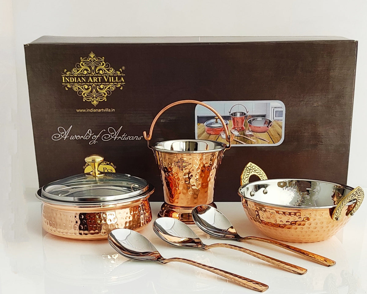Indian Art Villa Pure Steel Copper Designer Hammered Serveware Set ...