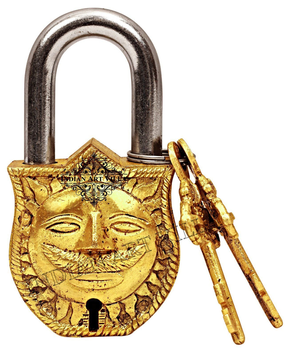 INDIAN ART VILLA Brass Surya Dev Smiling Sun Design Lock with 2 Keys ...