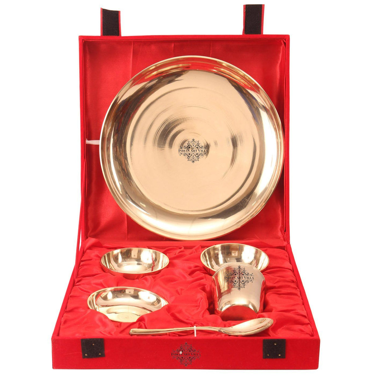 INDIAN ART VILLA Bronze 6 Piece Thali Set with Red Velvet Box ...